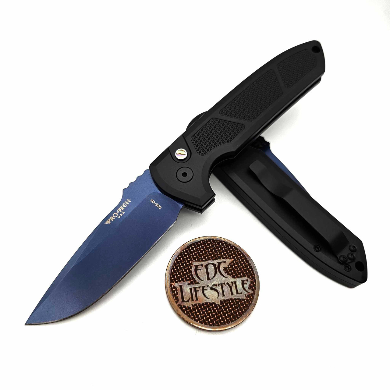 Pro Tech Knives Rockeye Auto Les George Textured Black Handle Sapphire