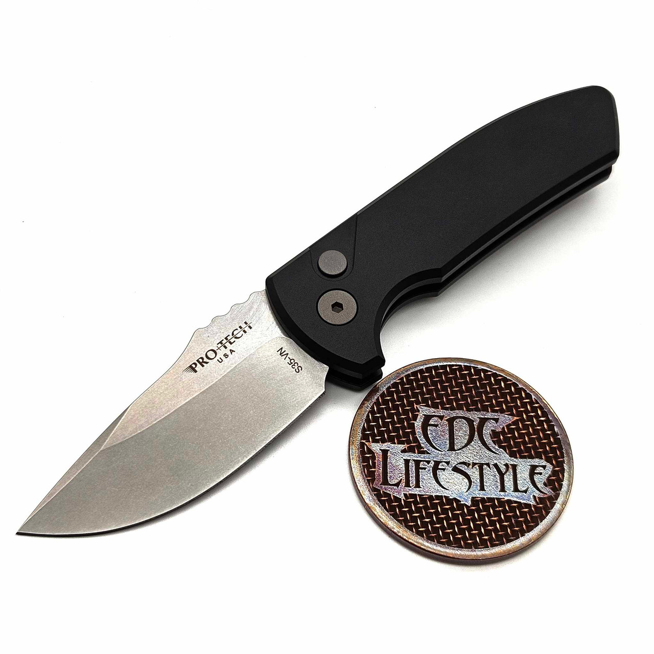 Pro-Tech Knives LG401 SBR Short Blade Rockeye Smooth Black Handles, Stonewash/Satin Blade S35VN ...