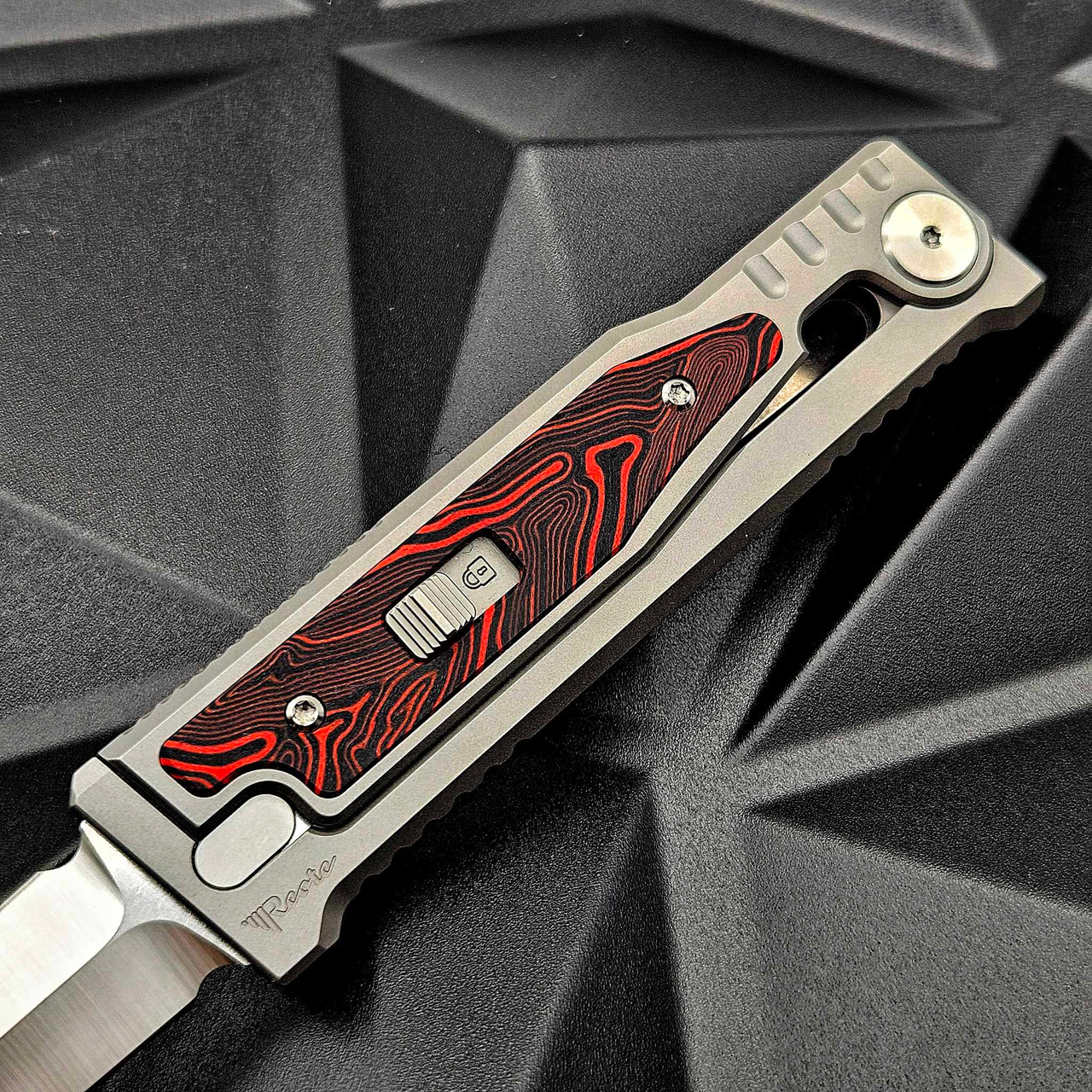 Reate Knives Exo M Gravity Knife Redblack G 10 Damascus Pattern 6al4v