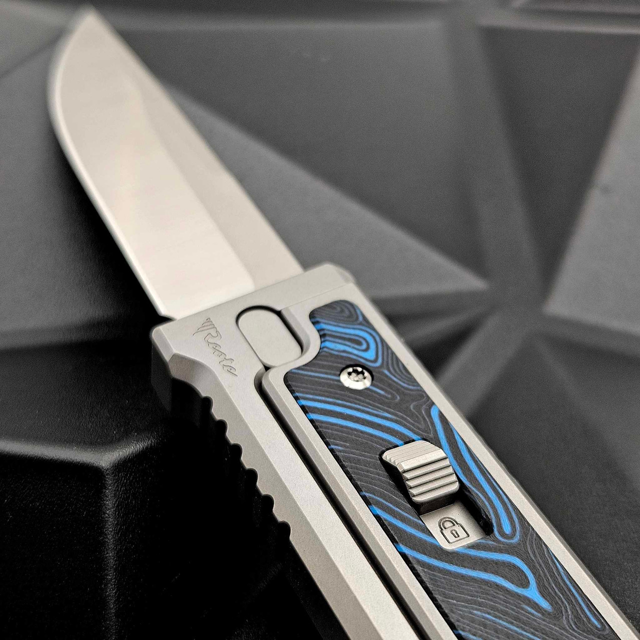 Reate Knives Exo M Gravity Knife Blueblack G 10 Damascus Pattern 6al4v