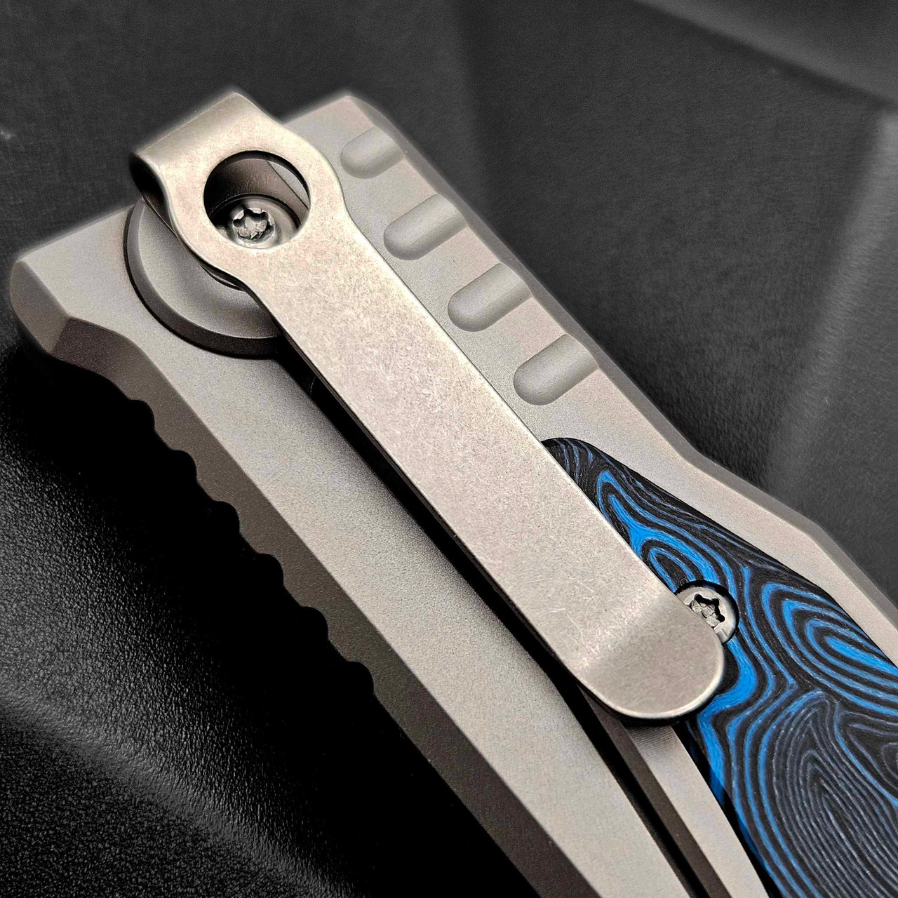 Reate Knives Exo M Gravity Knife Blueblack G 10 Damascus Pattern 6al4v