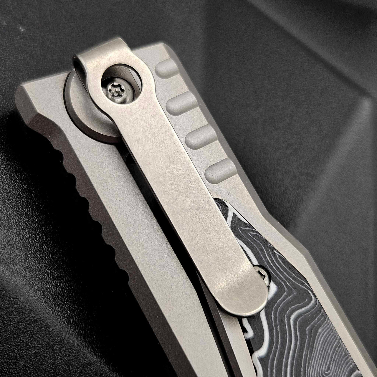 Reate Knives Exo M Gravity Knife Blackwhite G 10 Damascus Pattern