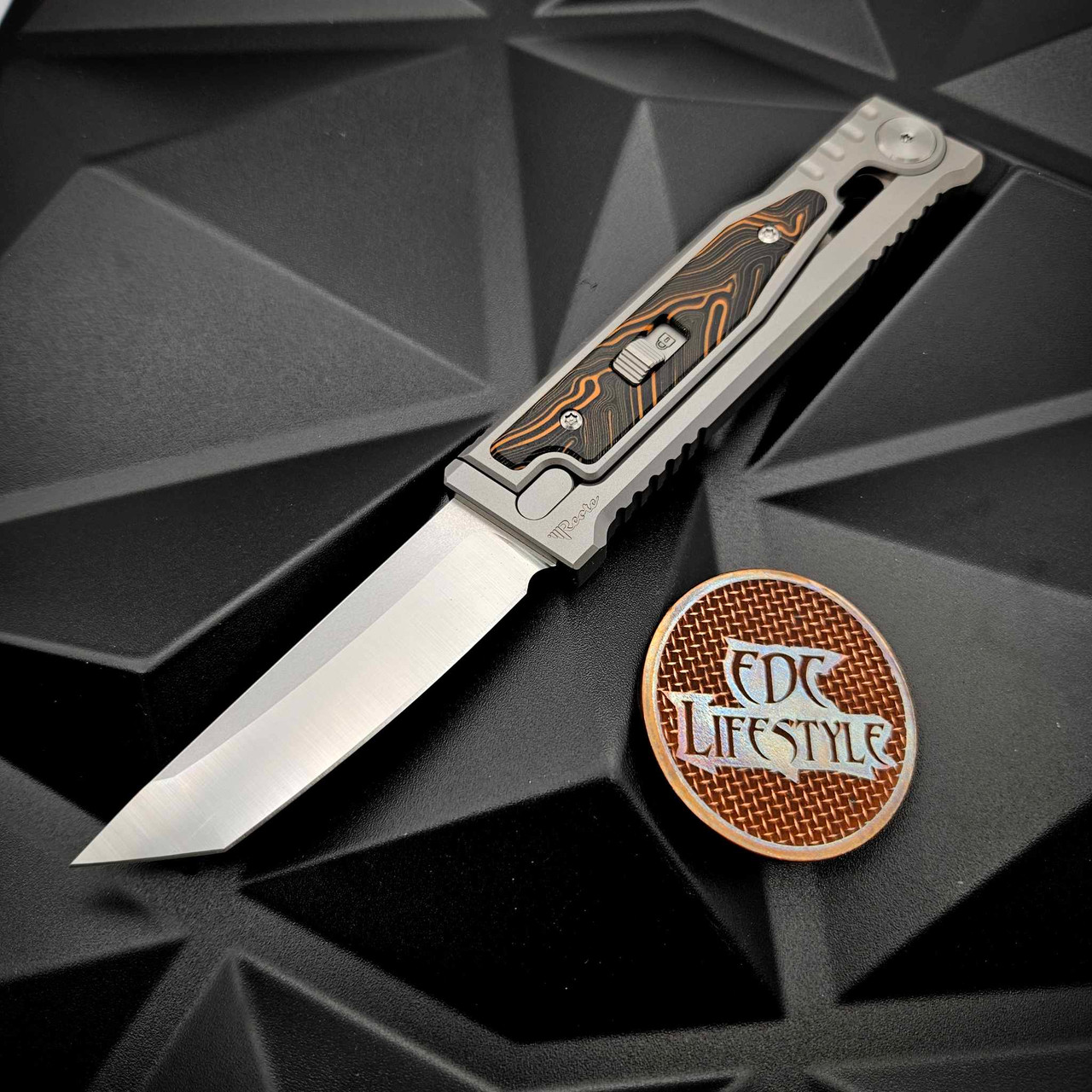 Reate Knives Exo-M Gravity Knife Orange/Black G-10 Damascus Pattern ...