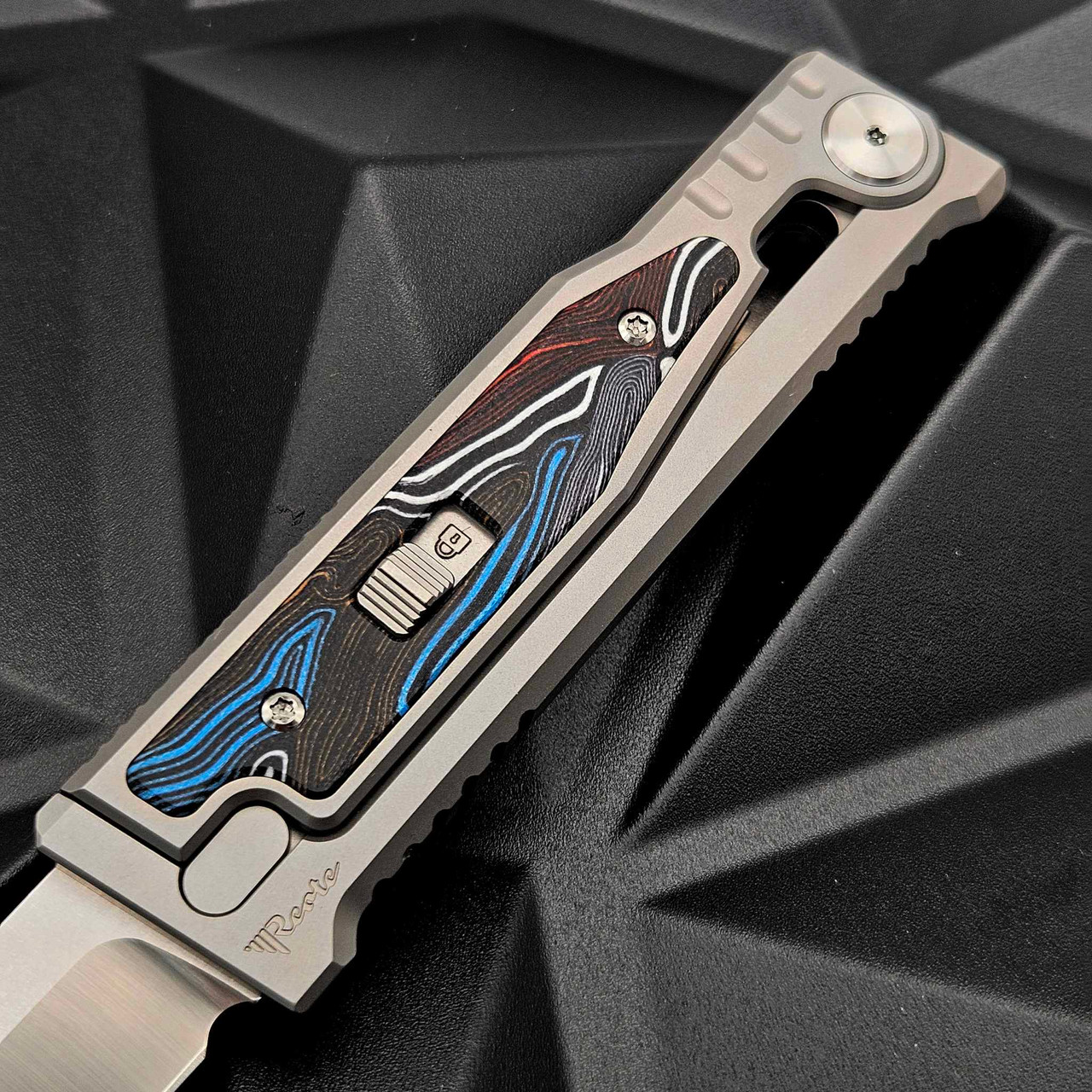 Reate Knives Exo M Gravity Knife Multicolor G 10 Damascus Pattern 6al4v