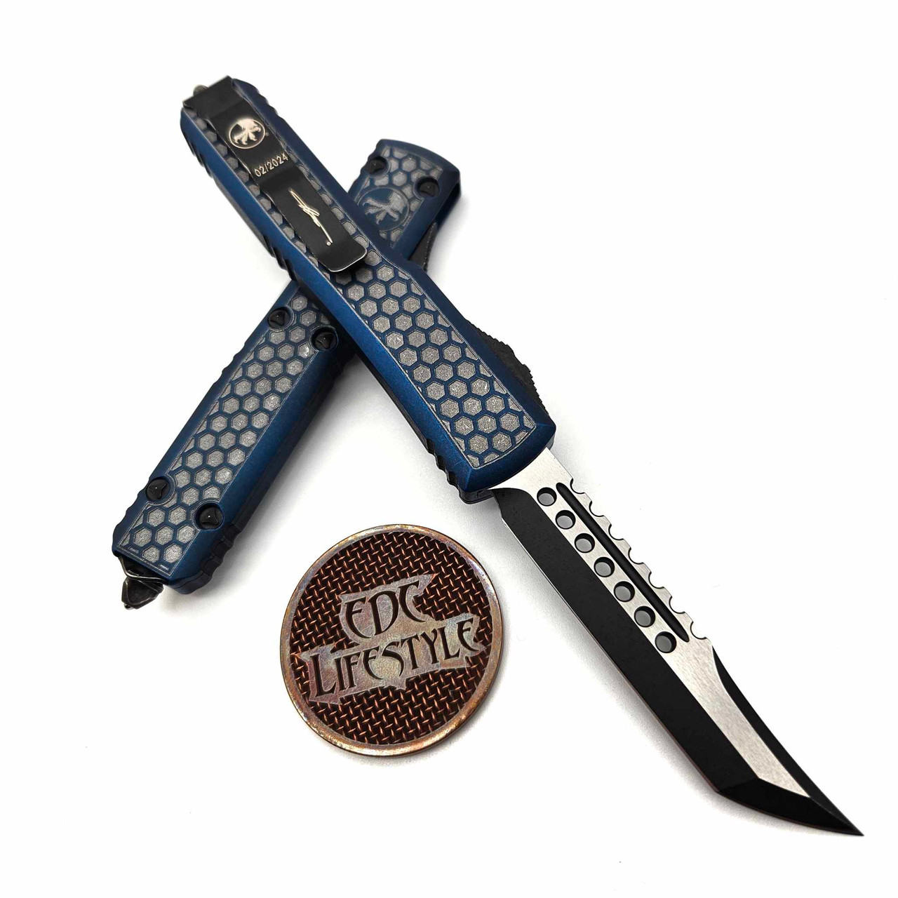 Microtech Ultratech 119-1HXWBLS Hex Pattern Weathered Blue Hellhound ...