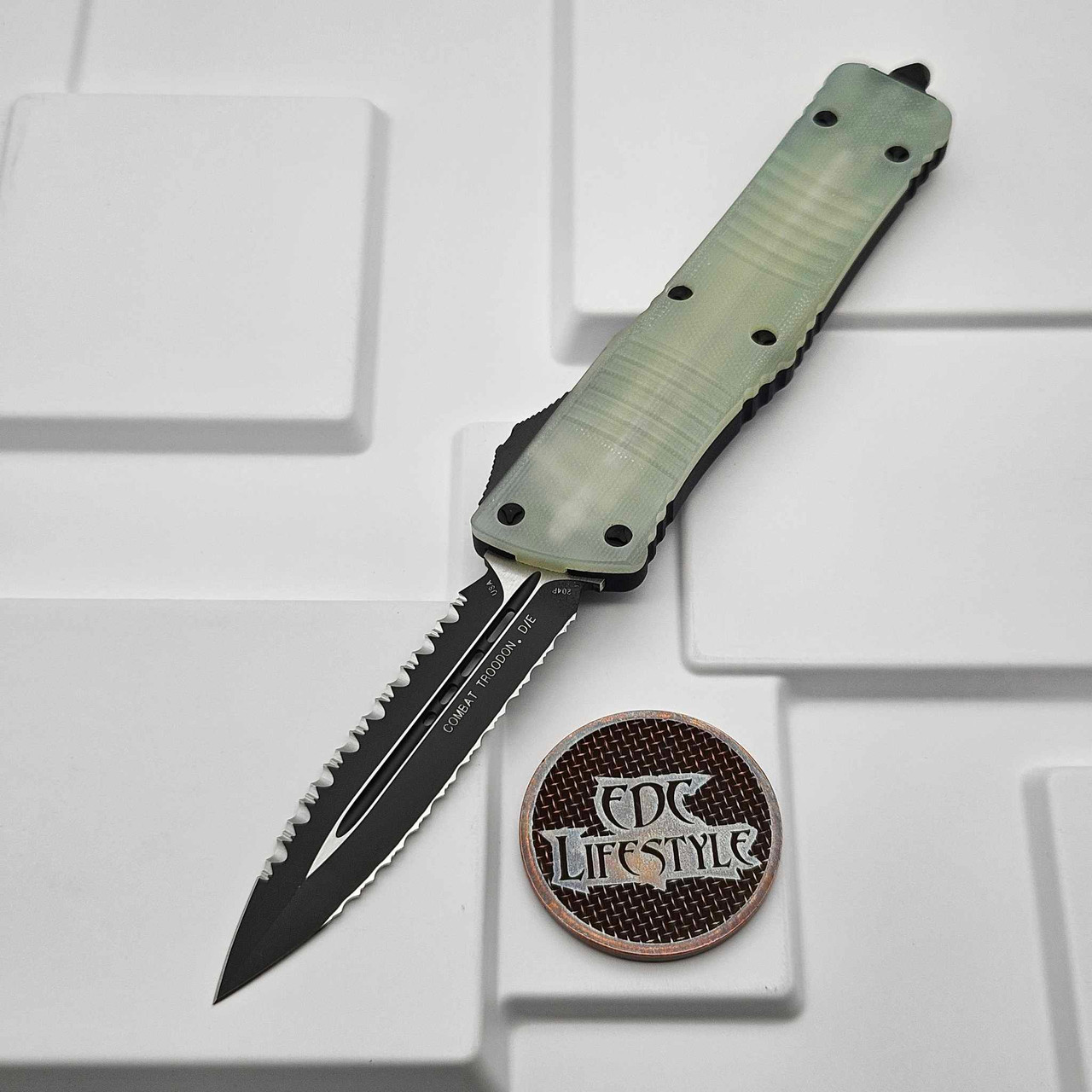 Microtech/Marfione Custom Combat Troodon G-10 Jade Top D/E Double Full ...