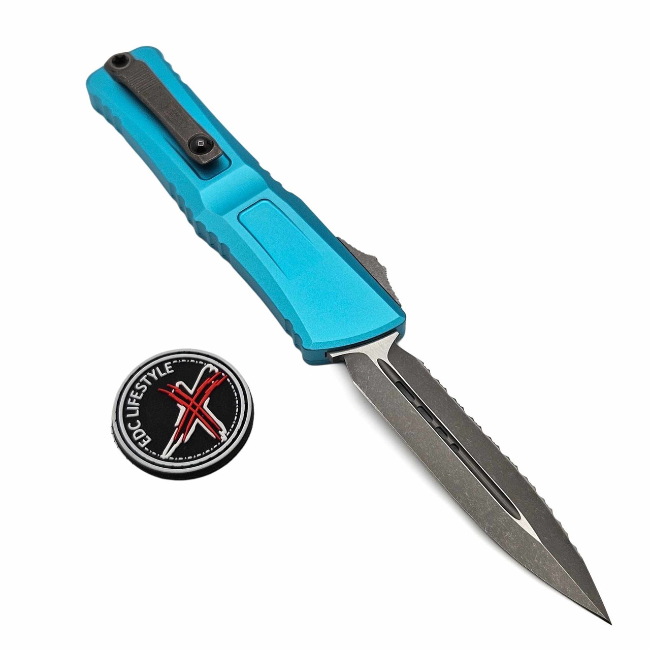 Microtech Combat Troodon Generation III 1142-12APTQ Turquoise Double Edge Full Serrated Apocalyptic