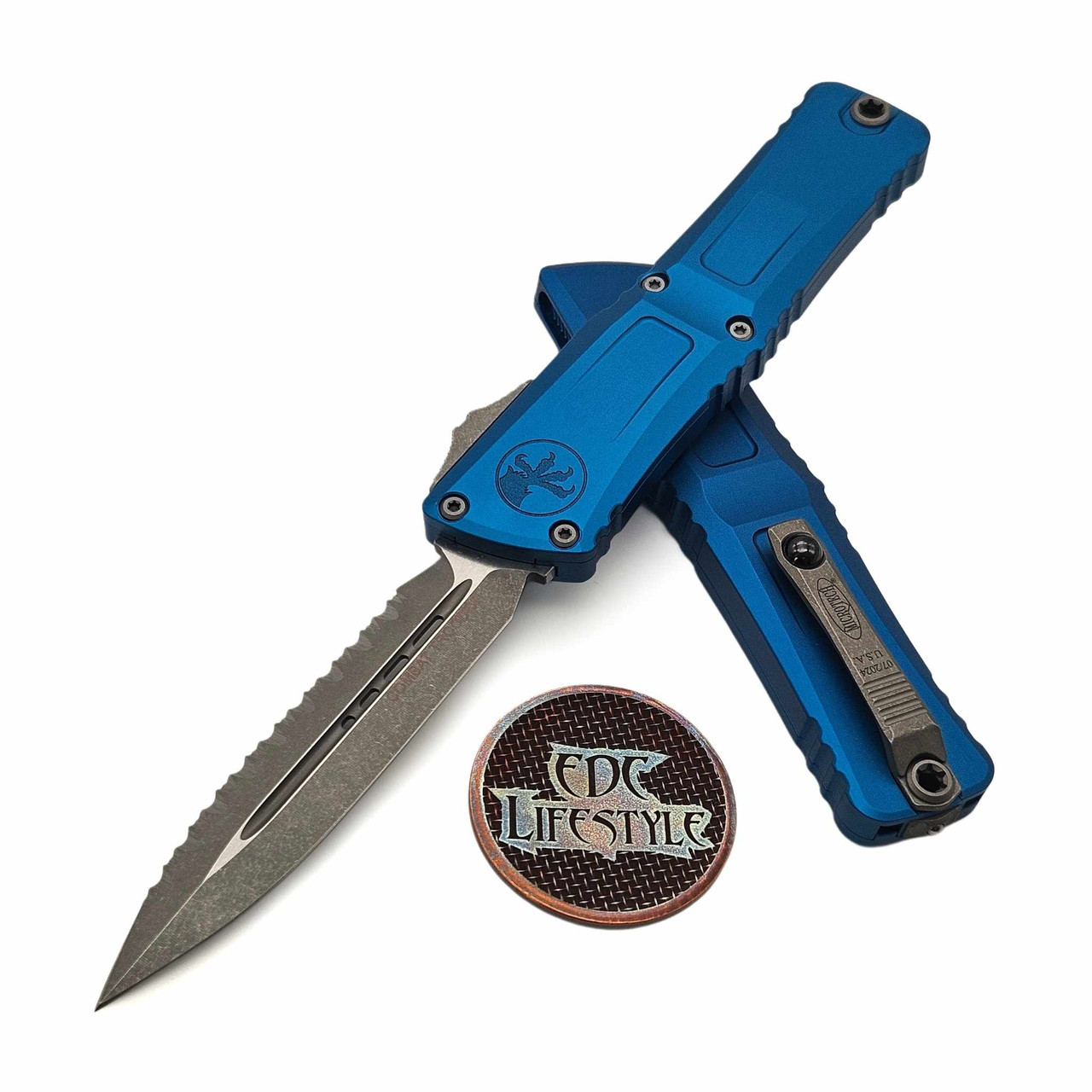 Microtech Combat Troodon Generation III 1142-12APBL Blue Double Edge Apocalyptic Full Serrated