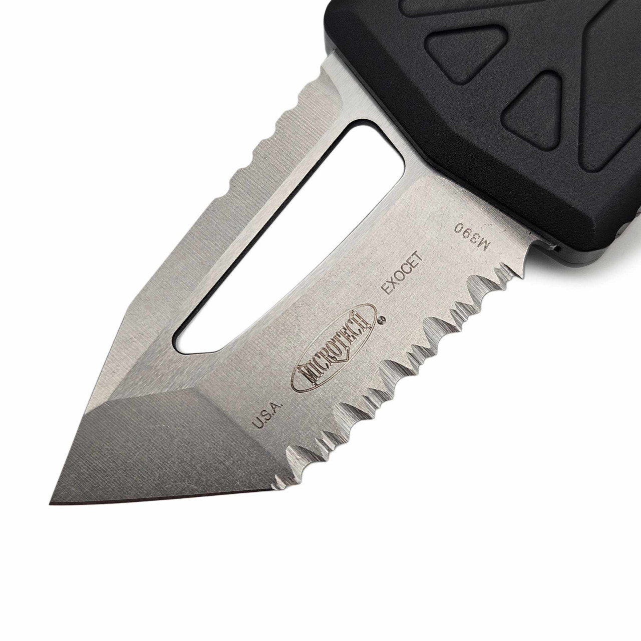 Microtech Exocet 158-12 Black Stonewash Tanto Full Serrated Exocet OTF ...