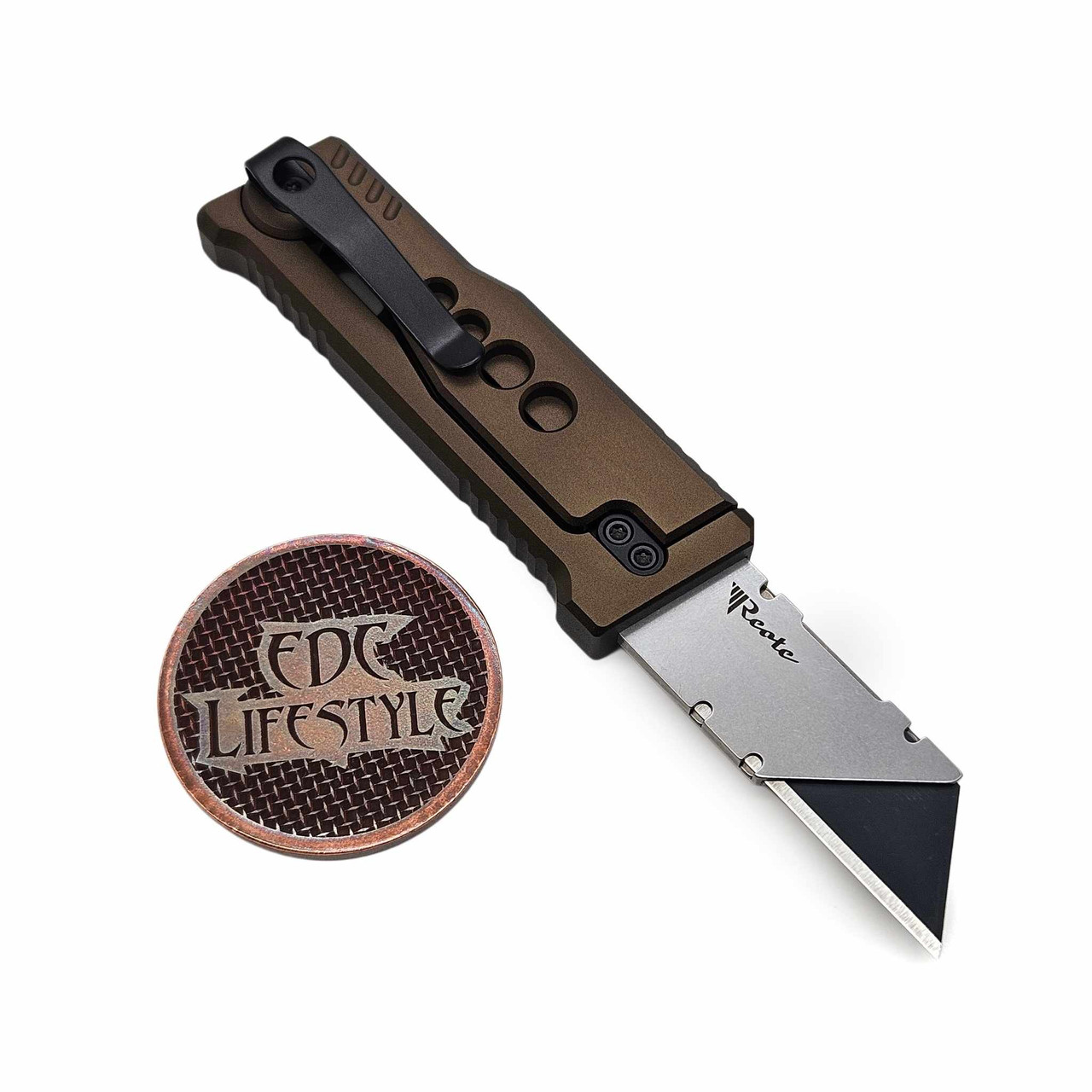 Reate Knives EXO-U Gravity Knife Speedhole Bronze Aluminum Red Button ...