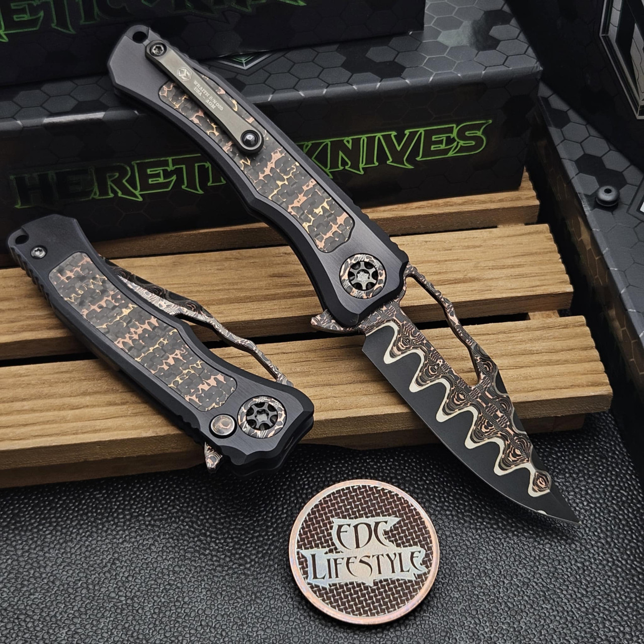 Heretic Custom Knives Wraith V4 Manual Bowie Vegas Forge Damascus w ...