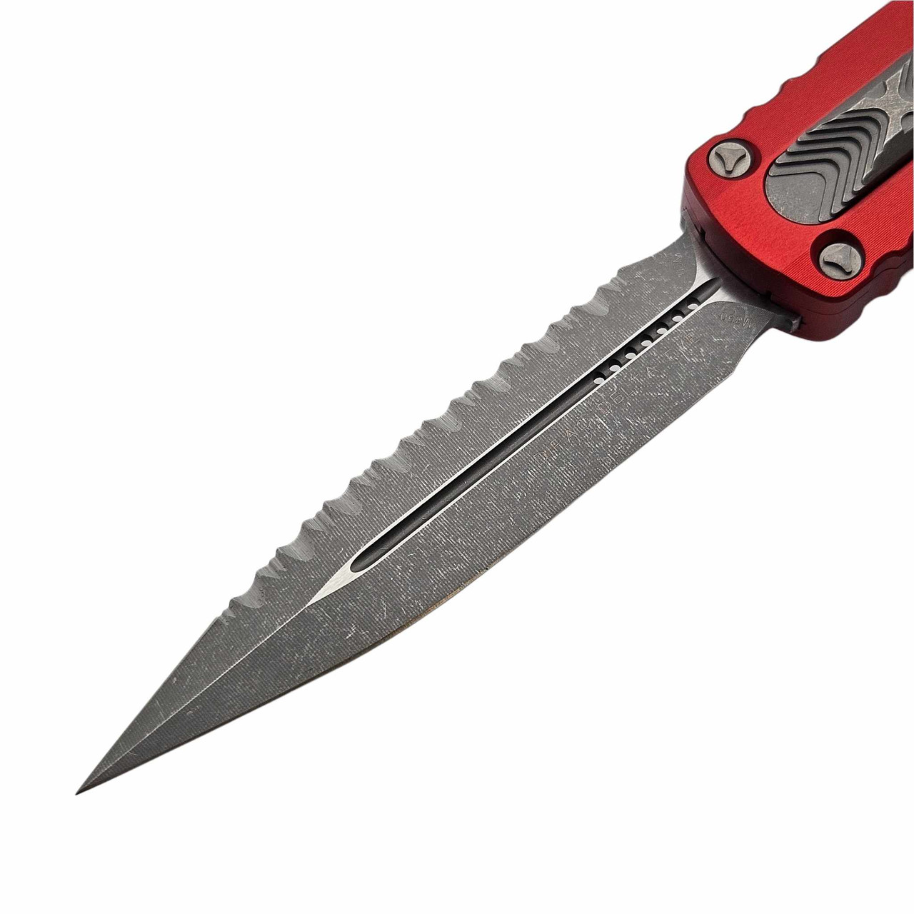 Microtech 227-12APRD Red Dirac Delta Double Edge Apocalyptic Full Serrated