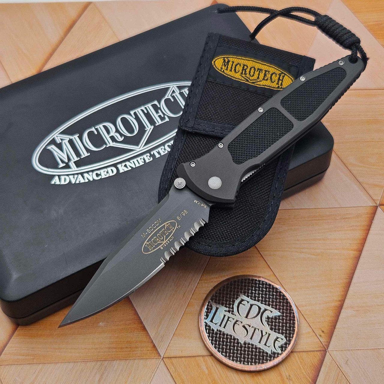 Microtech Knives Mini Socom Manual Single Edge Black Partial Serrated S/N - Preowned