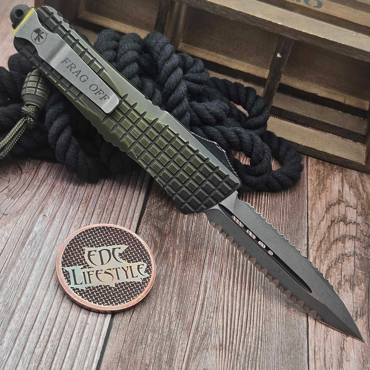 Microtech Combat Troodon D/E 142-DR12APFOGG Frag OFF Grenade Green ...
