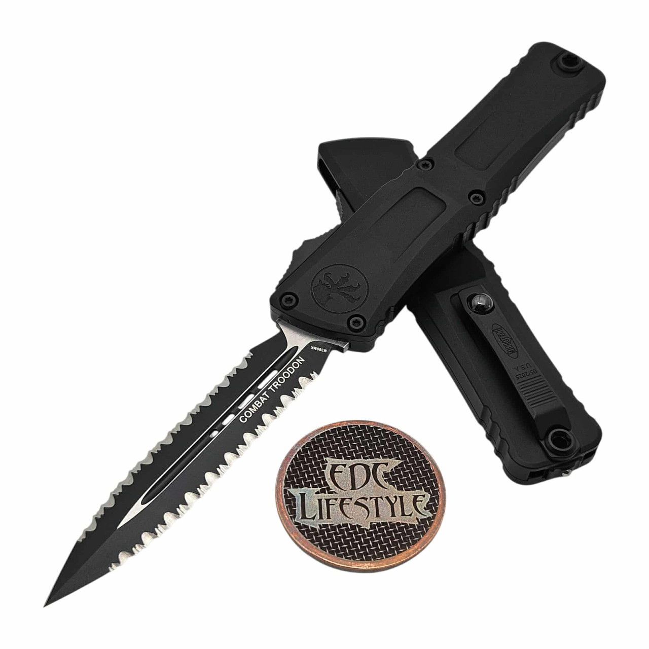 Microtech Combat Troodon Generation III 1142-D3T Tactical Double Edge Double Full Serrated Black ...
