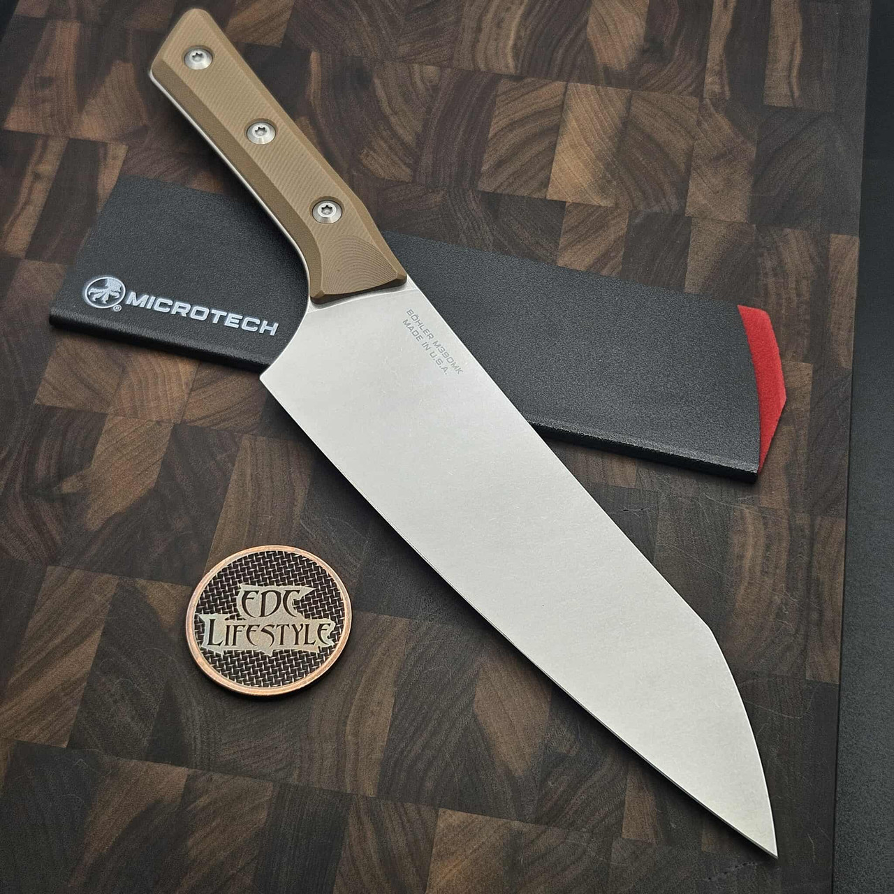 MICROTECH KNIVES 8" M390 CHEF KNIFE STONEWASH STANDARD COYOTE TAN G-10 ...