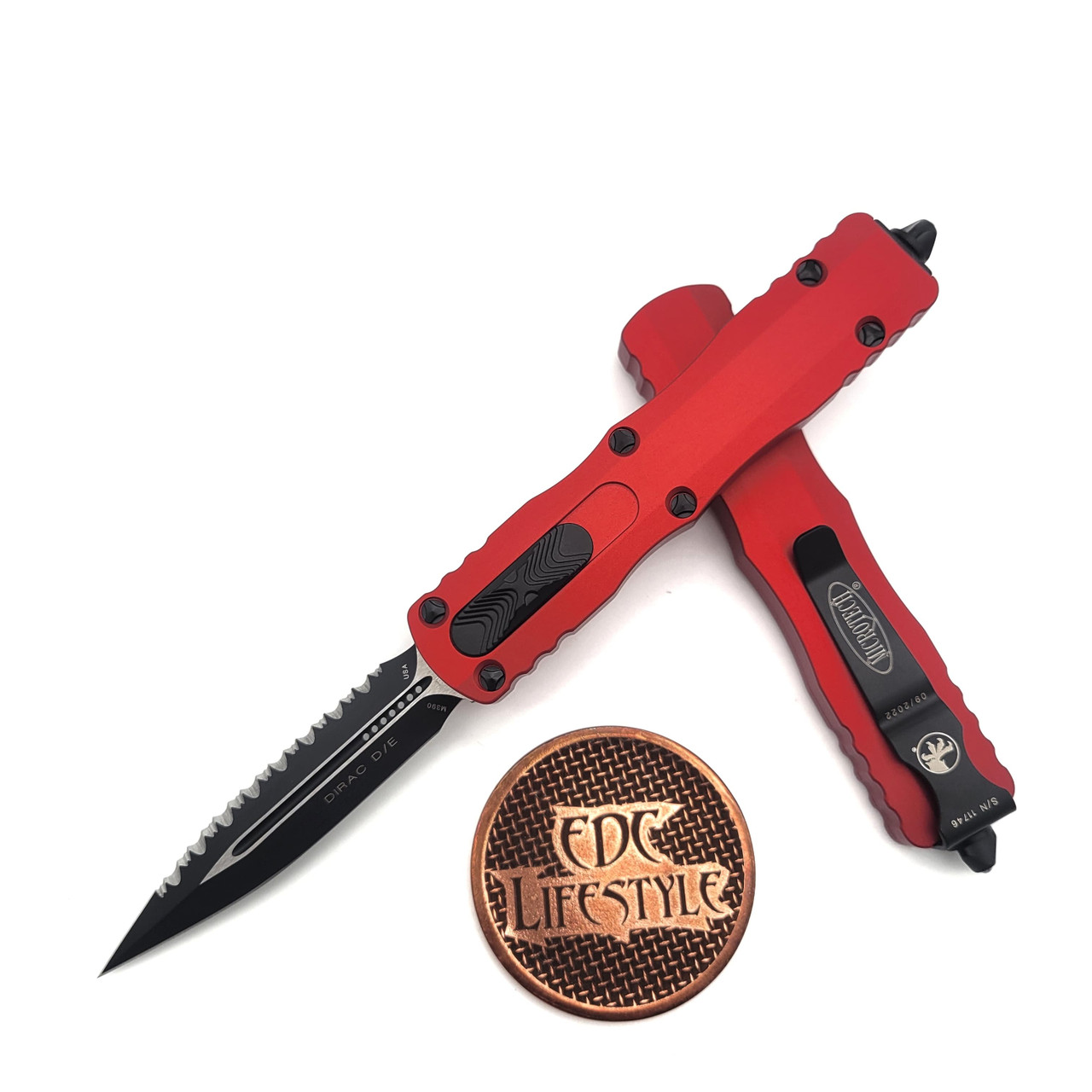 Microtech 225 3rd Red Dirac Double Edge Full Serrated