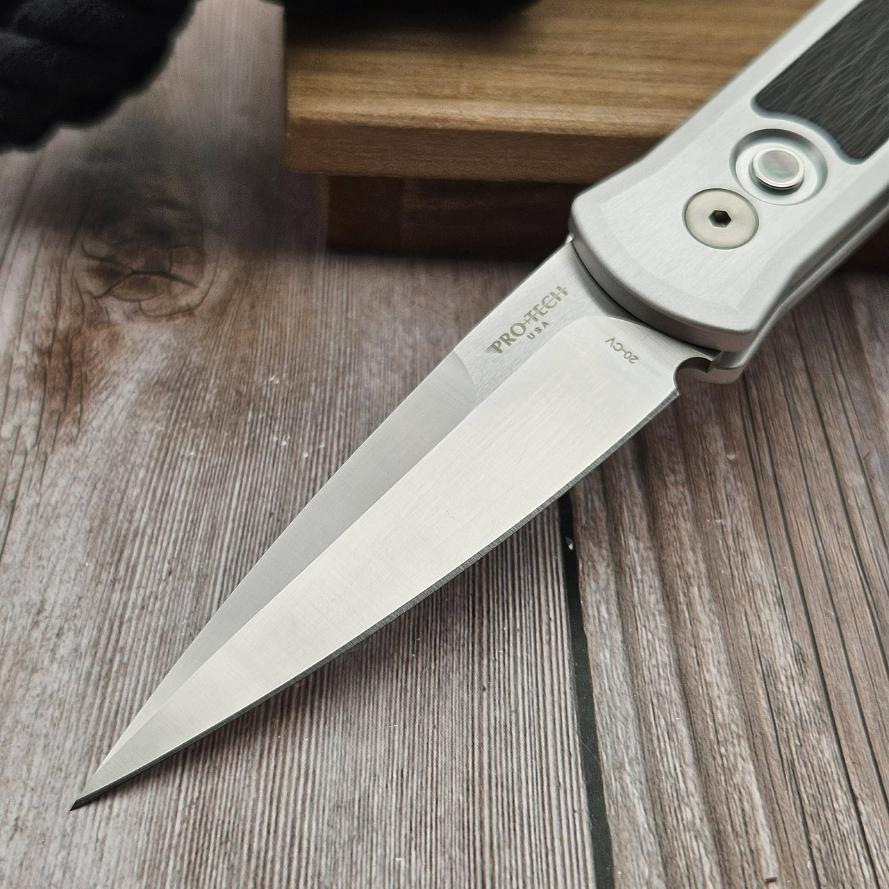 Pro-Tech Knives Godson Automatic Knife Silver Handle w/Crosscut Carbon ...