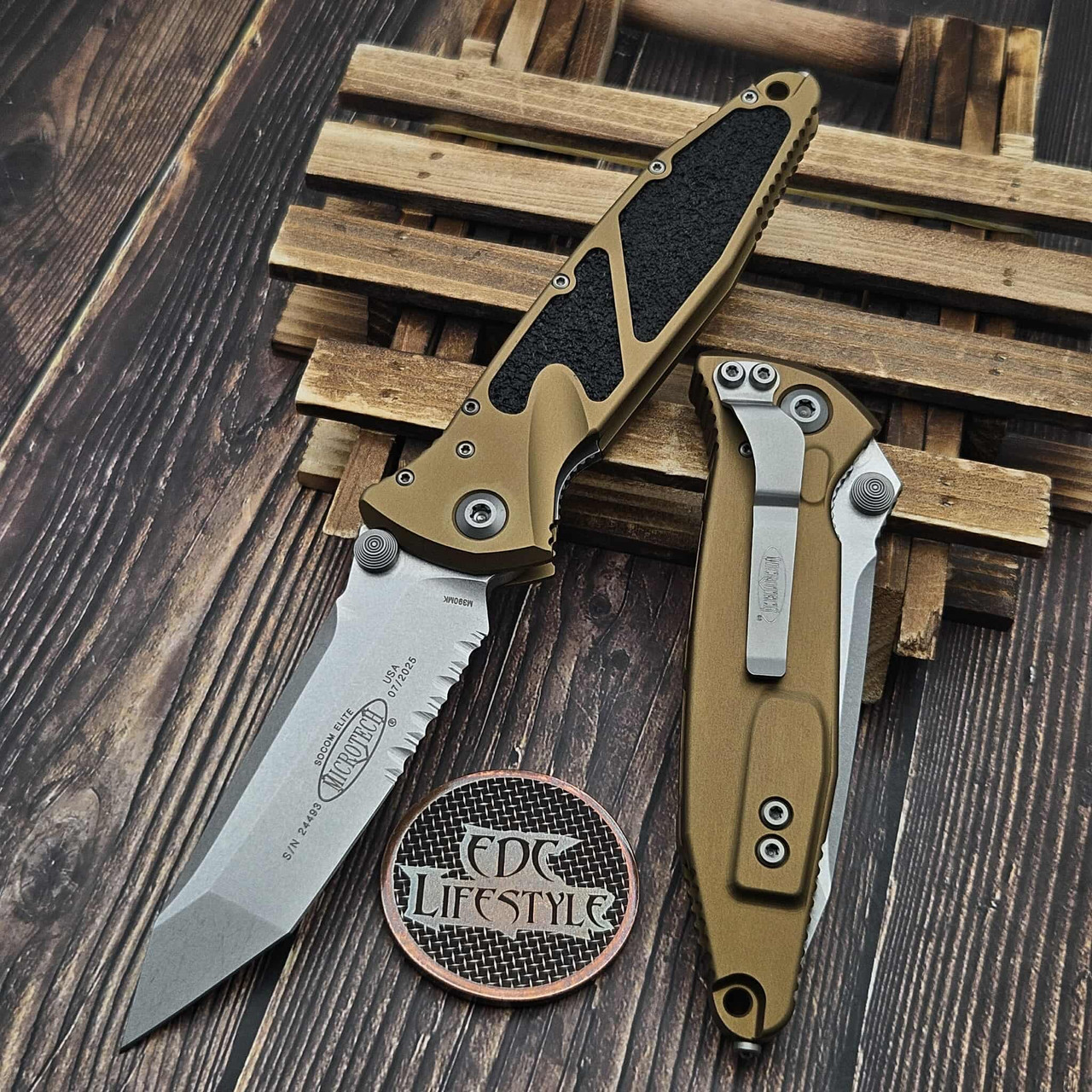 Microtech Socom Elite Manual 161-11TA Tan T/E Stonewash Partial Serrated