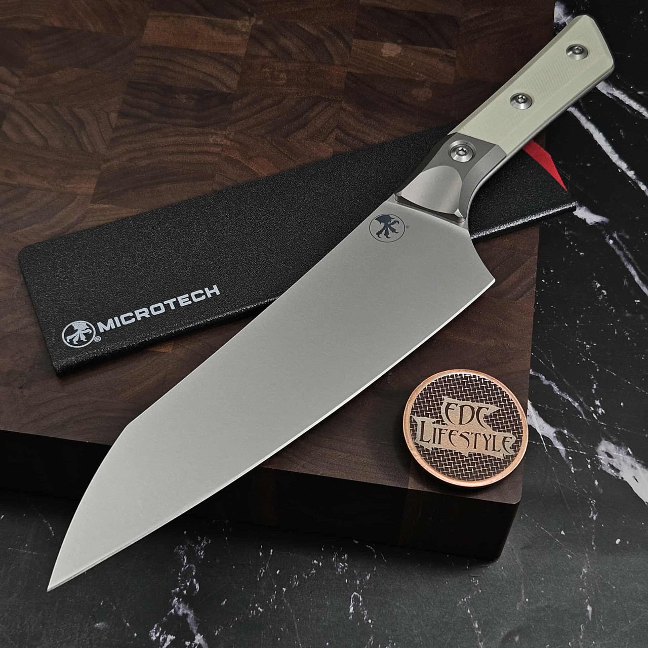 MICROTECH KNIVES 8" M390 CHEF KNIFE STONEWASH STANDARD TITANIUM BOLSTER ...