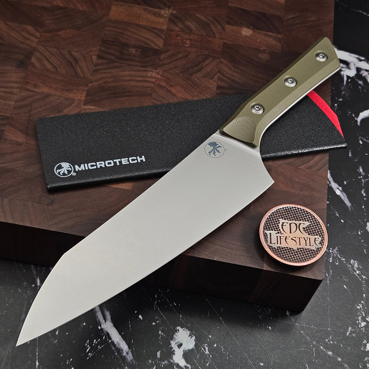 MICROTECH KNIVES 8" M390 CHEF KNIFE STONEWASH STANDARD OD Green G-10 ...