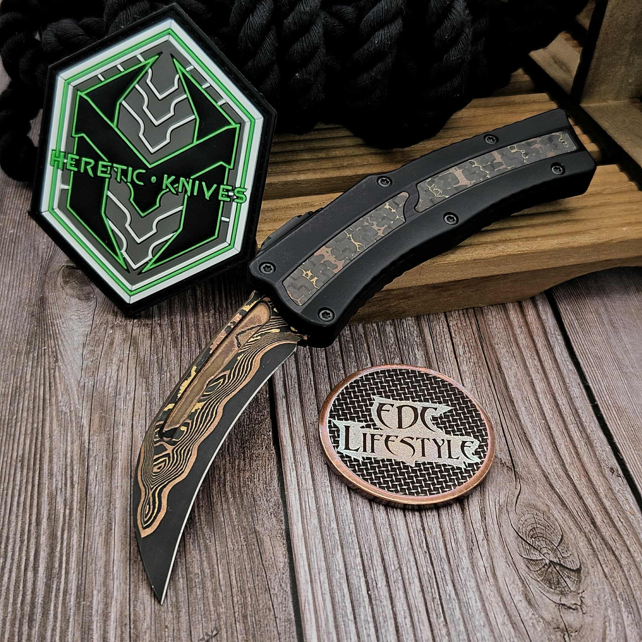 Heretic Custom Knives Roc Fat Carbon Brass & Copper Snakeskin Inlay ...