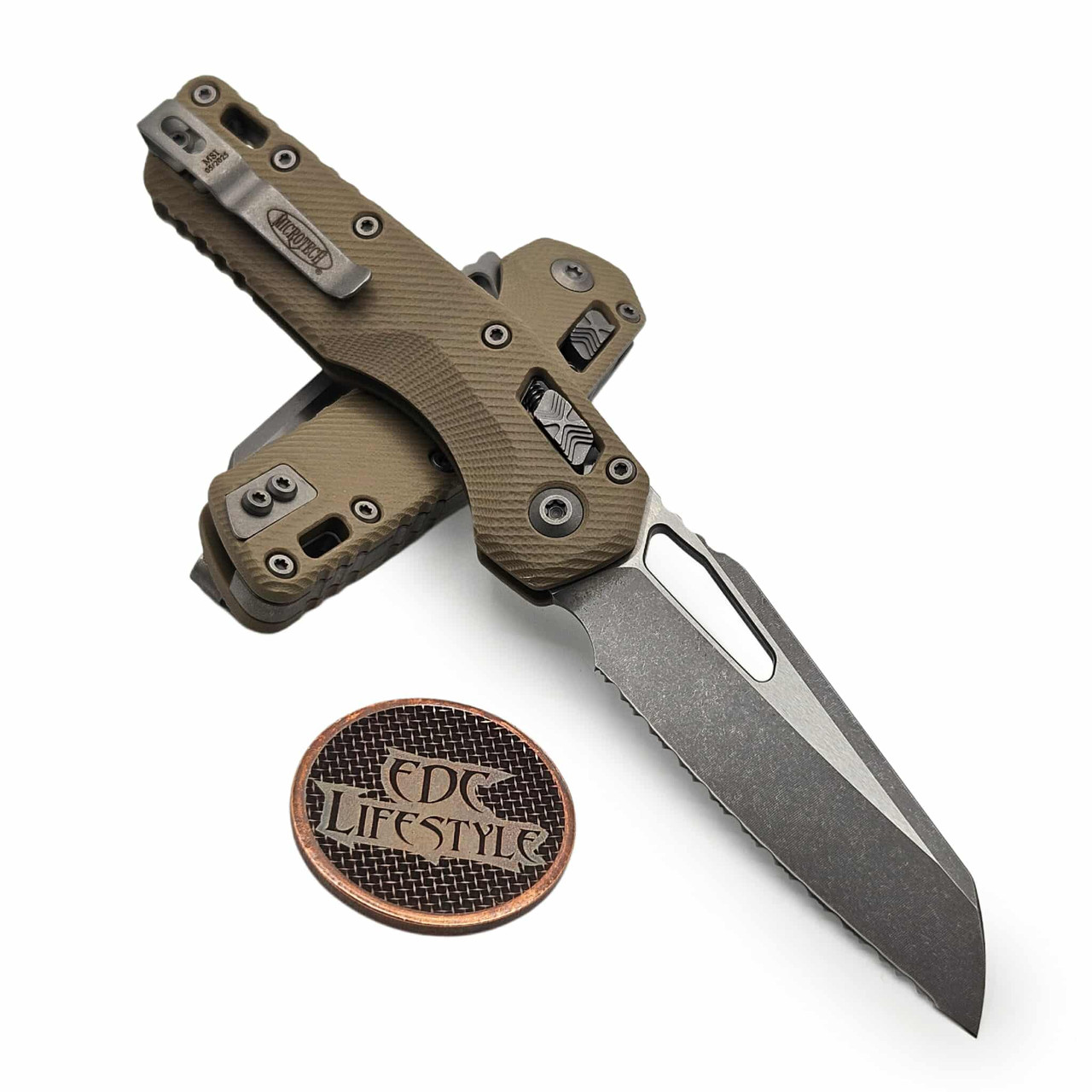 Microtech MSI S/E Tan Fluted G-10 Apocalyptic Full Serrated 210-12APFLGTTA