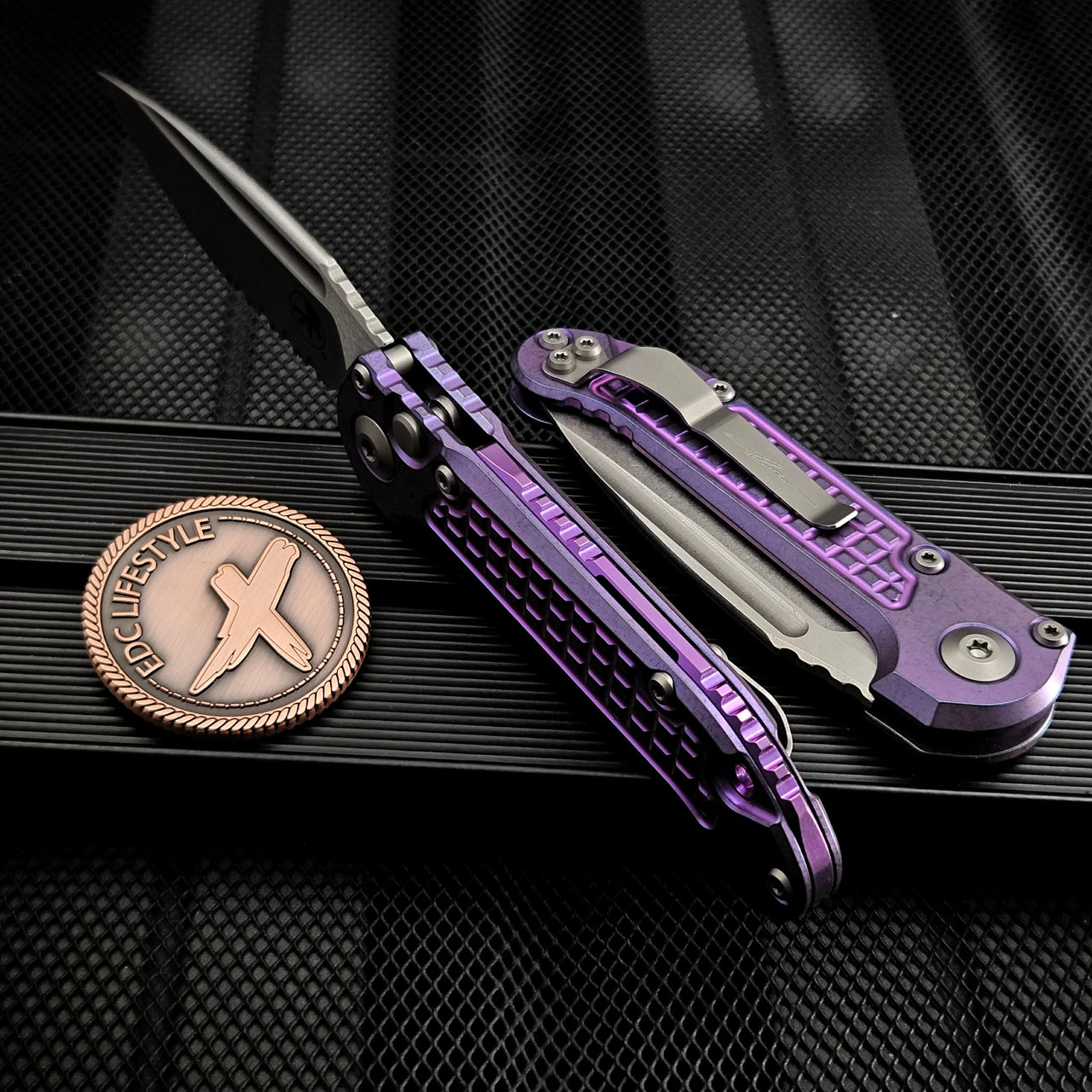 Microtech LUDT Purple Haze Titanium Frag S/E Stonewash Partial Serrated ...