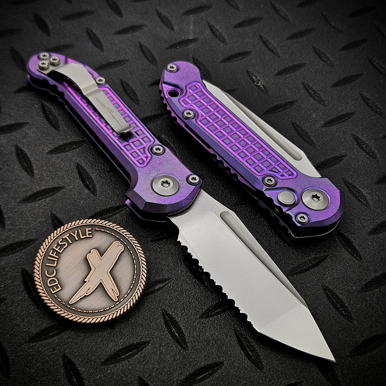 Microtech LUDT Purple Haze Titanium Frag T/E Stonewash Full Serrated ...