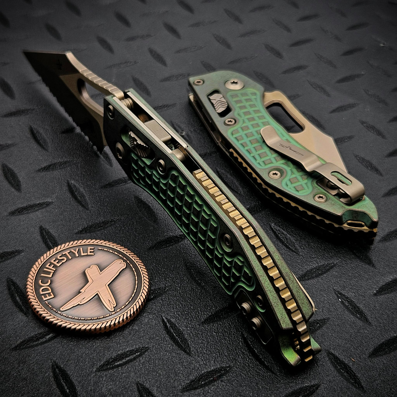 Microtech Stitch Ram-Lok 169RL-15FRMS1 Antique Green Titanium Frag ...