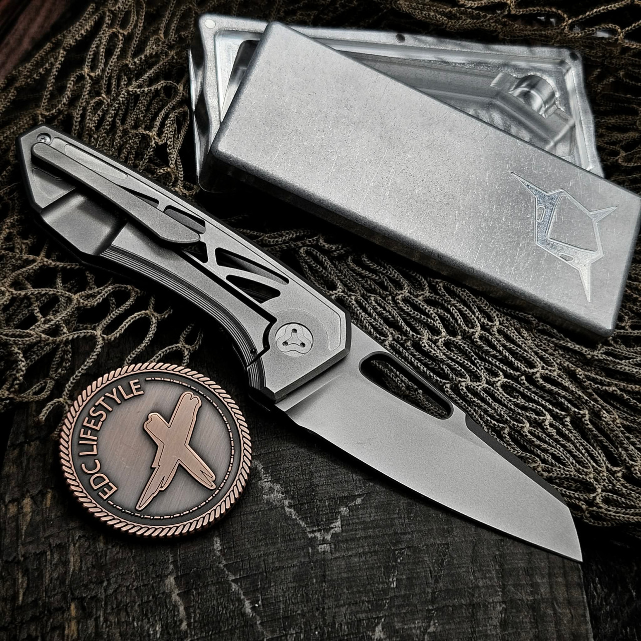 Sharknivco M11 Skeletonized Zirblast Titanium Handle Polished Stonewash ...
