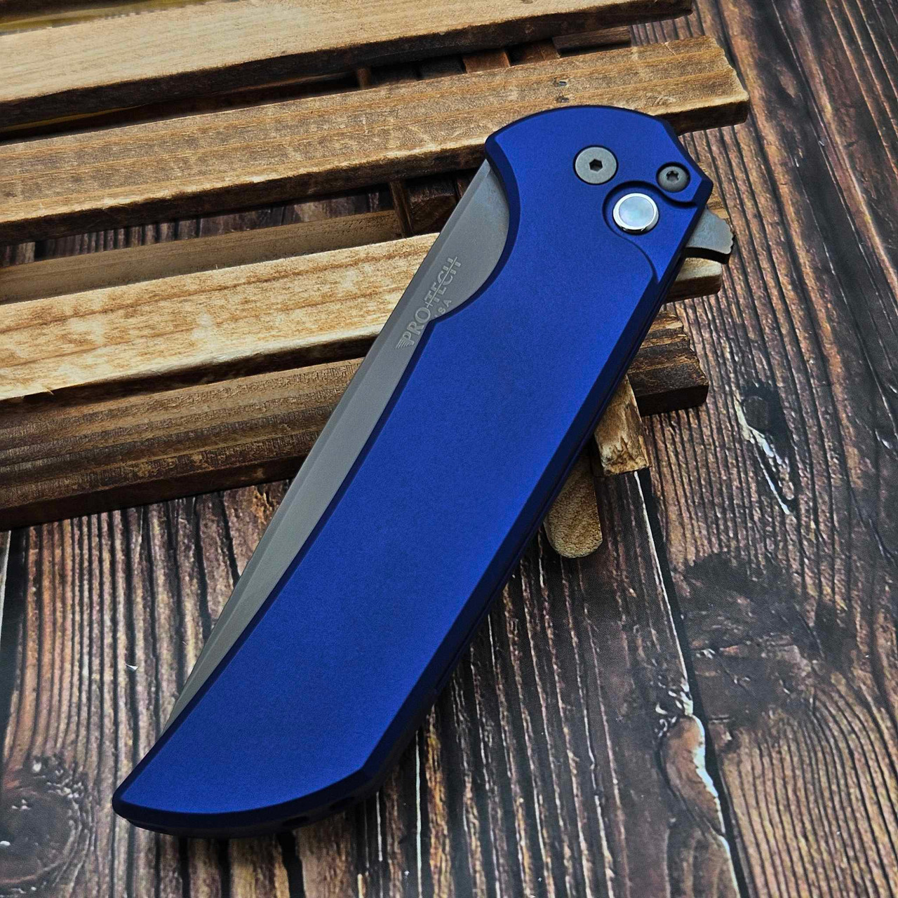 Pro-Tech Mordax Navy Blue Button Lock 3.5" Smokey Grey DLC Blade Show ...