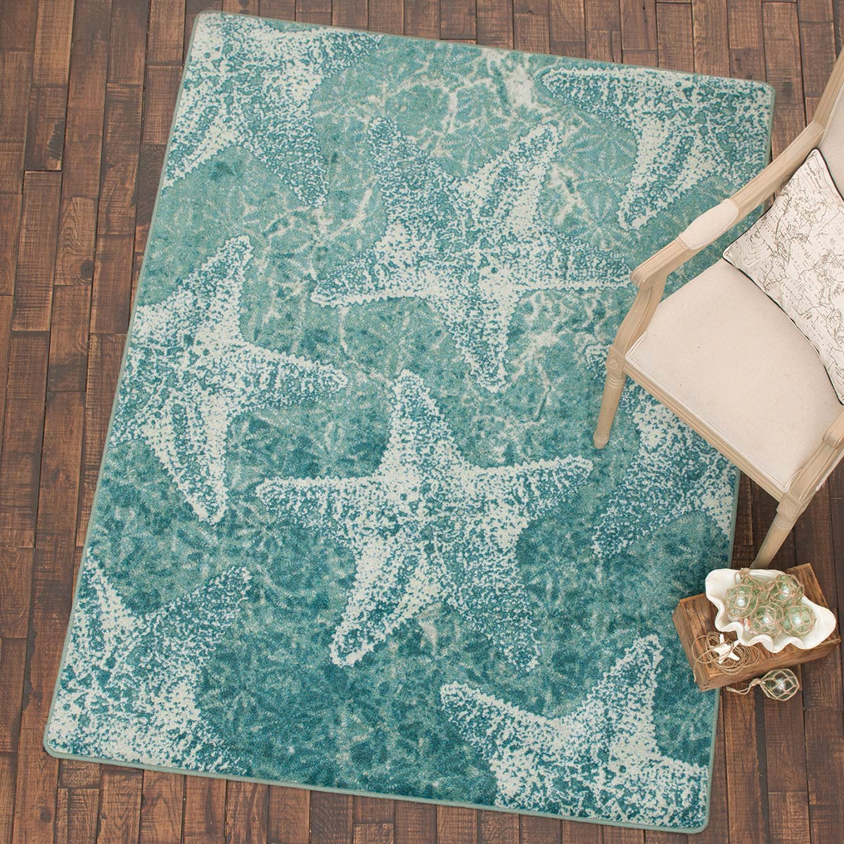 Nautical Area Rugs: 8 x 11 Starfish Medley Aqua Rug | Bella Coastal Decor