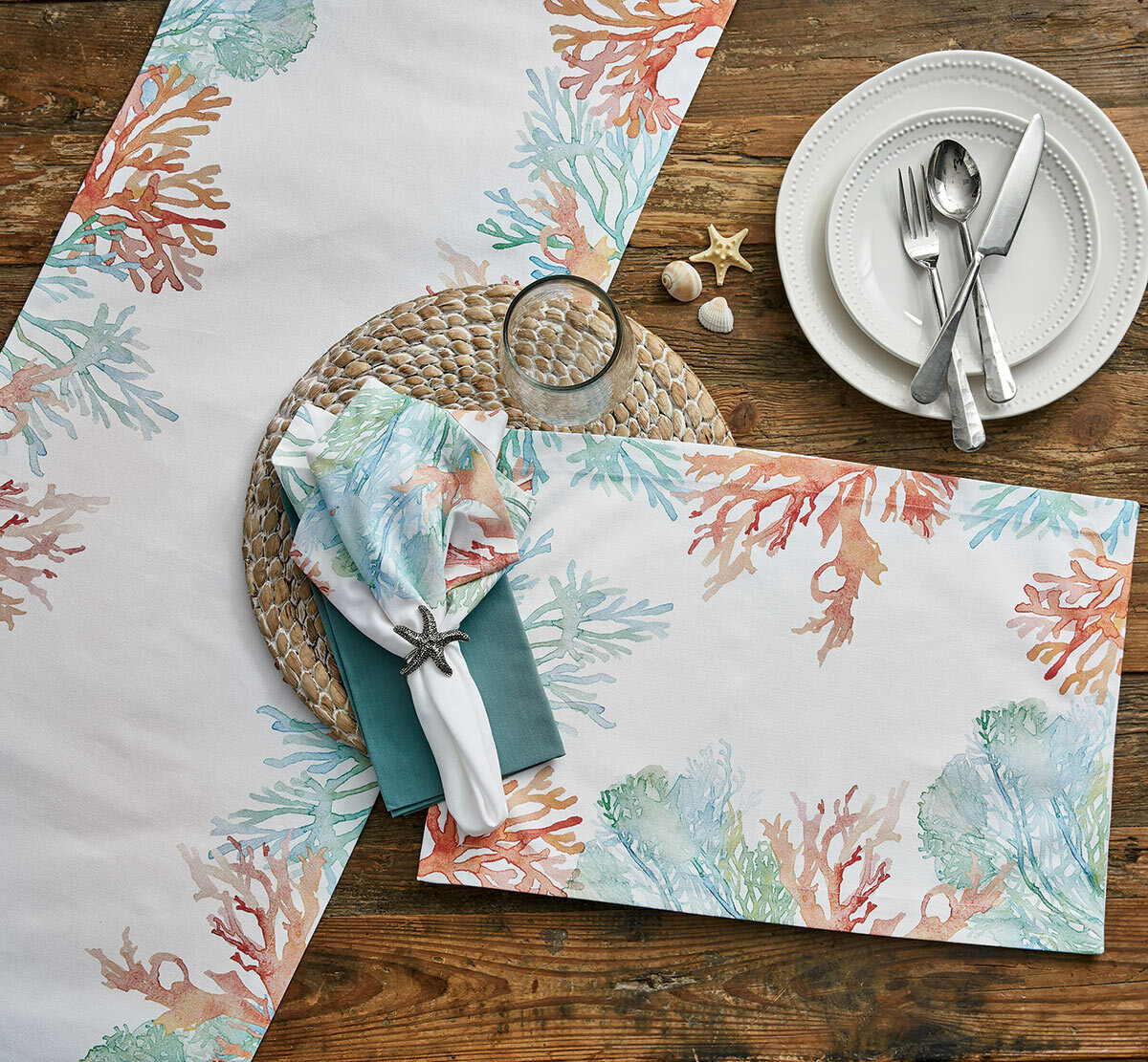Watercolor Coral Reef Table Linens | Bella Coastal Decor