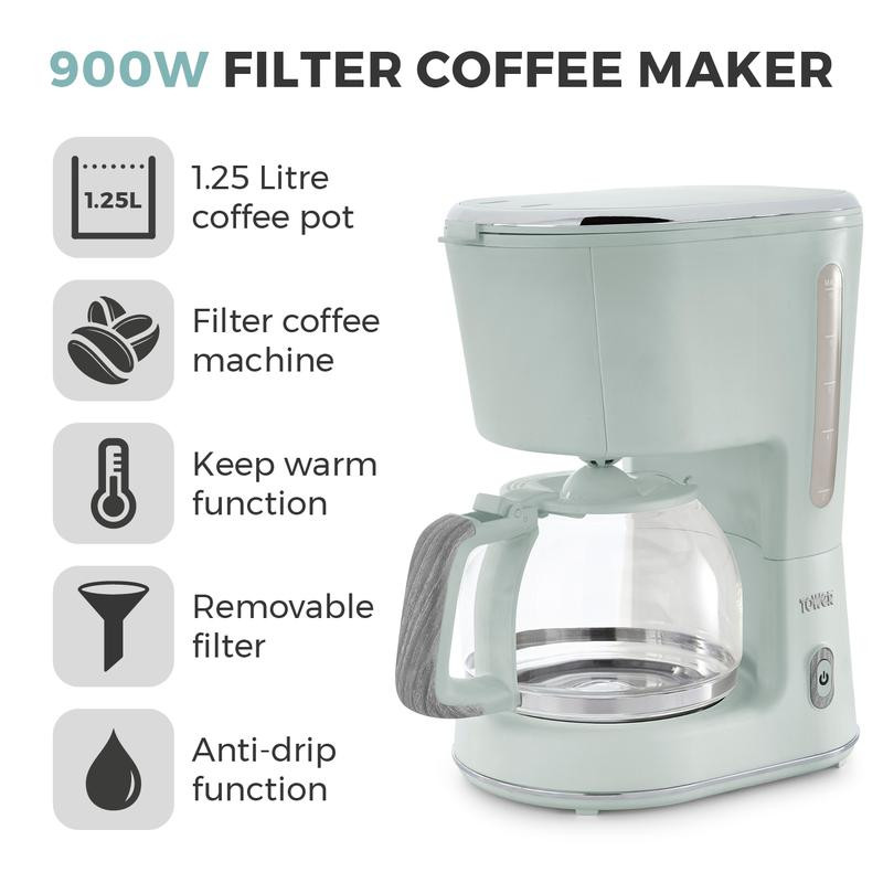 Tower Scandi 900W 1.25L Coffee Maker Sage Green - Mega Appliances