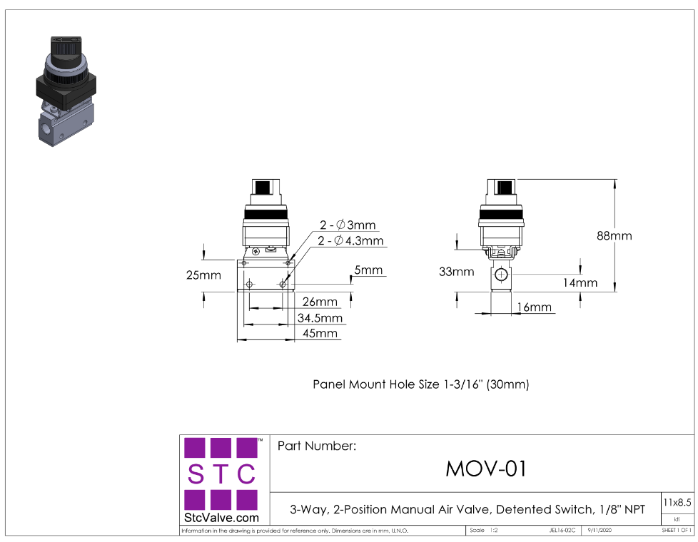 STC MOV-01 Manual Air Valve- 1/8" NPT, 3 Way, 3 Port, 2 Position Valves ...