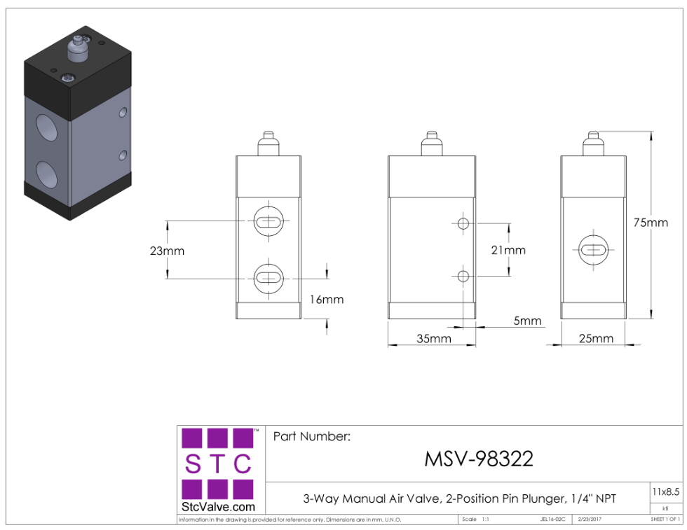 STC MSV-TSV 98322 Series Manual Air Valve- 1/4" NPT, 3 Way, 3 Port, 2 ...