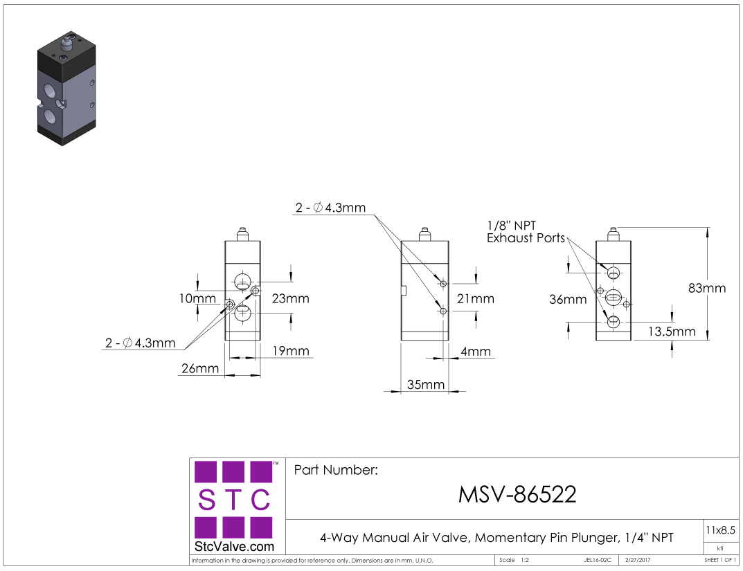 STC MSV-TSV 86522 Series Manual Air Valve- 1/4" NPT, 3 Way, 3 Port, 2 ...