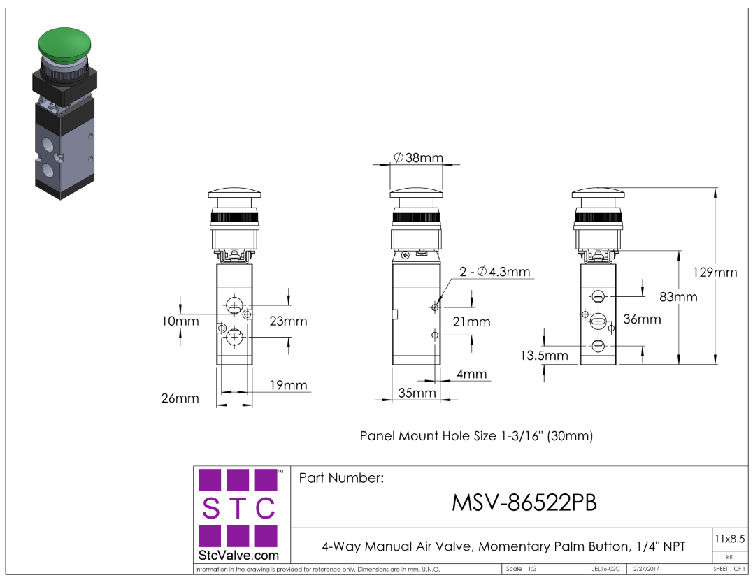 STC MSV-86522PB Manual Air Valve- 1/4" NPT, 3 Way, 3 Port, 2 Position ...