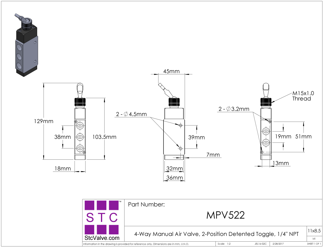 STC MPV522 Manual Air Valve- 1/4" NPT, 3 Way, 3 Port, 2 Position Valves ...