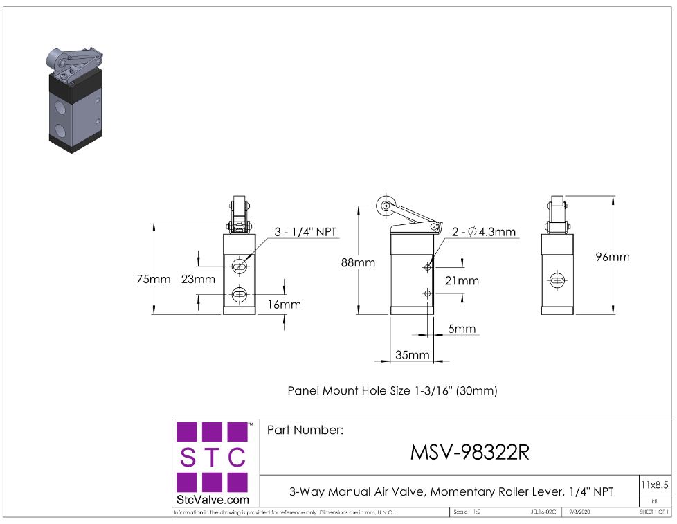 STC MSV-98322R Manual Air Valve- 1/4" NPT, 3 Way, 3 Port, 2 Position ...