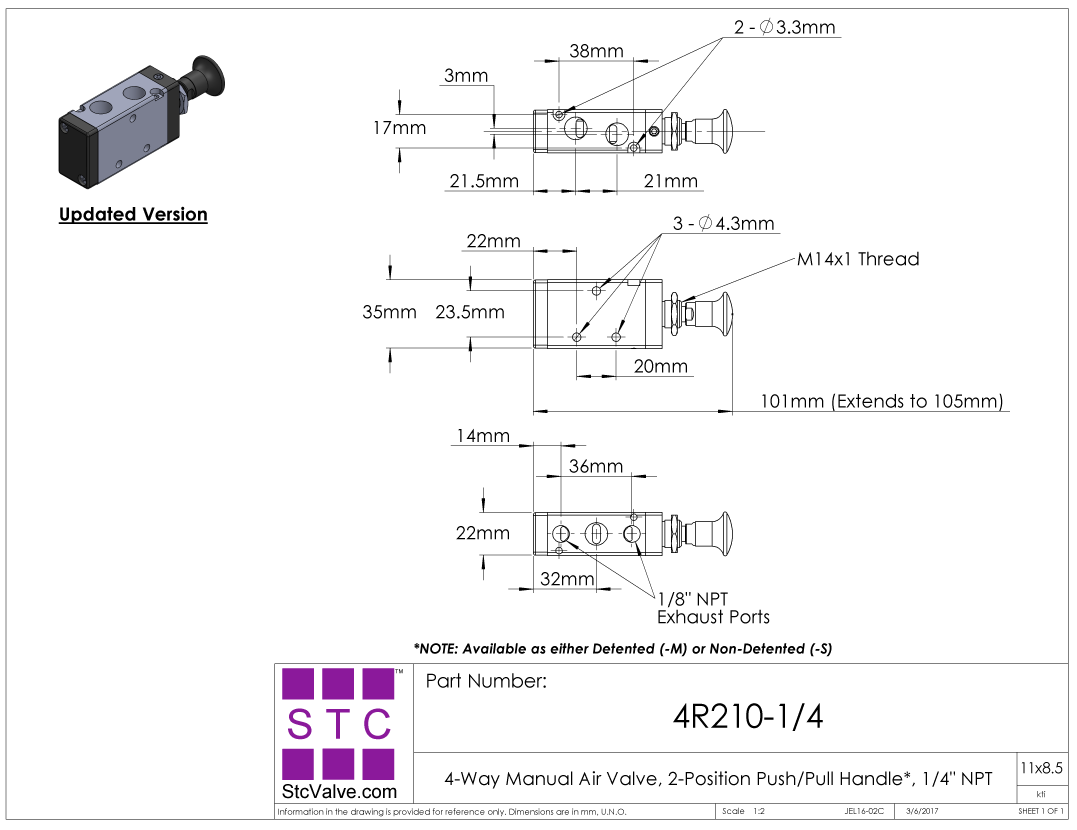 STC 4R210-1/4M Manual Air Valve- 1/4" NPT, 4 Way, 5 Port, 2 Position ...