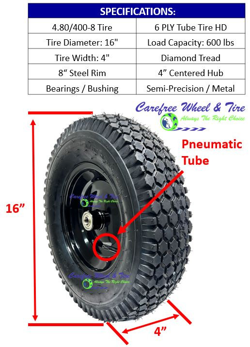 4.80/4.00-8 (16" x 4") HD PNEUMATIC With Diamond Tread, 4" Center Hub