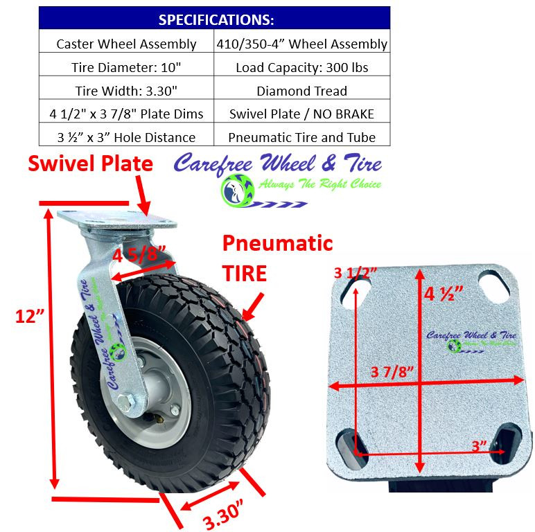 410/350-4 (10"x3") Caster Wheel Assembly With Swivel Plate, Brake and ...