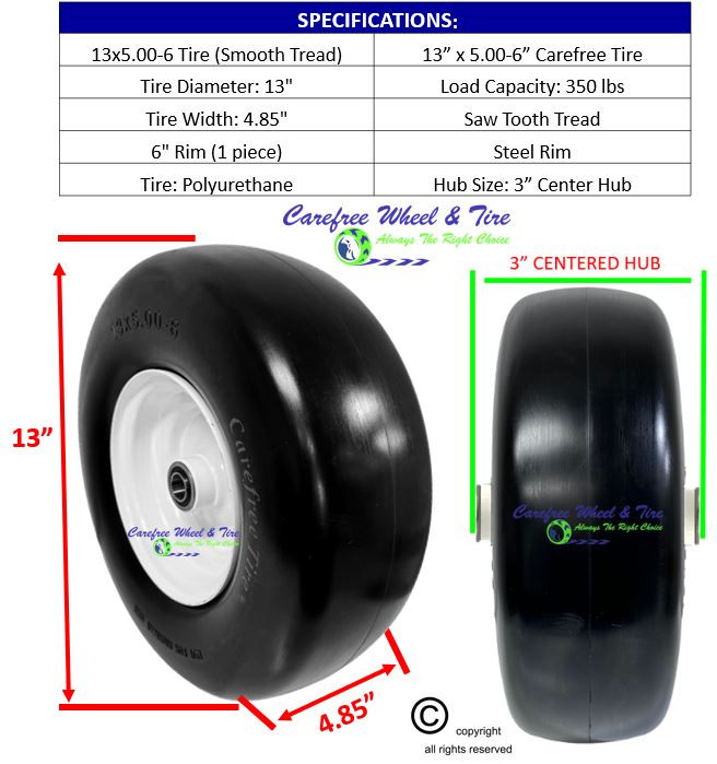 13x6.50-6 Carefree (No-Flat) Wheel & Tire Assy With Smooth Tread, 6 ...