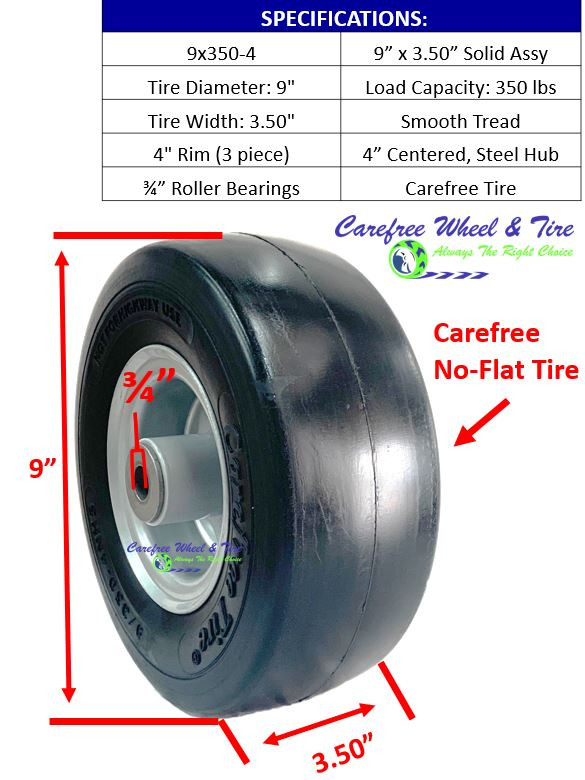9x3.50-4 Wheel and Tire Assembly, 4.0″ Centered Hub & 3/4″ Roller Cage ...