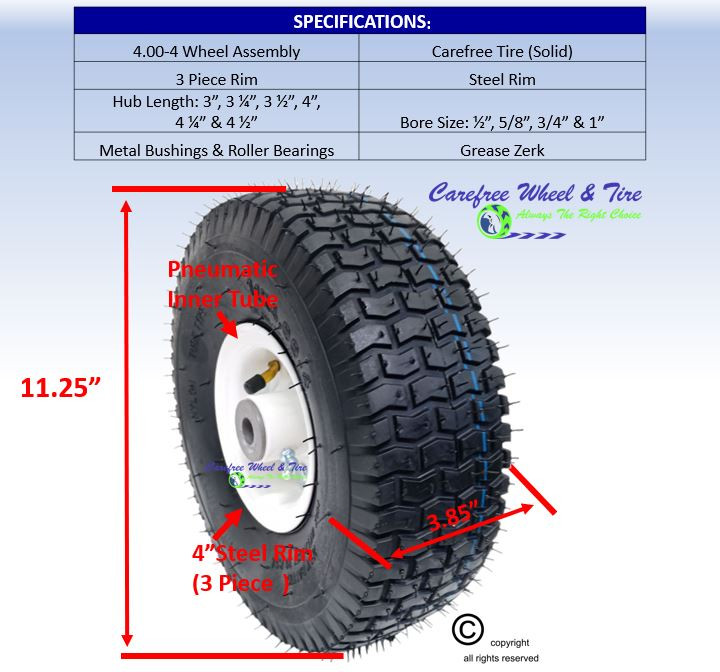 11x4.00-4 Pneumatic Rim & Tire Assembly With Hub and Bore Size Options