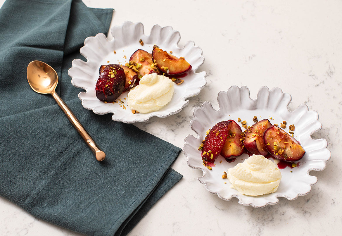 Maple Roasted Plums with Mascarpone Cream and Pistachios - Cafe Appliances