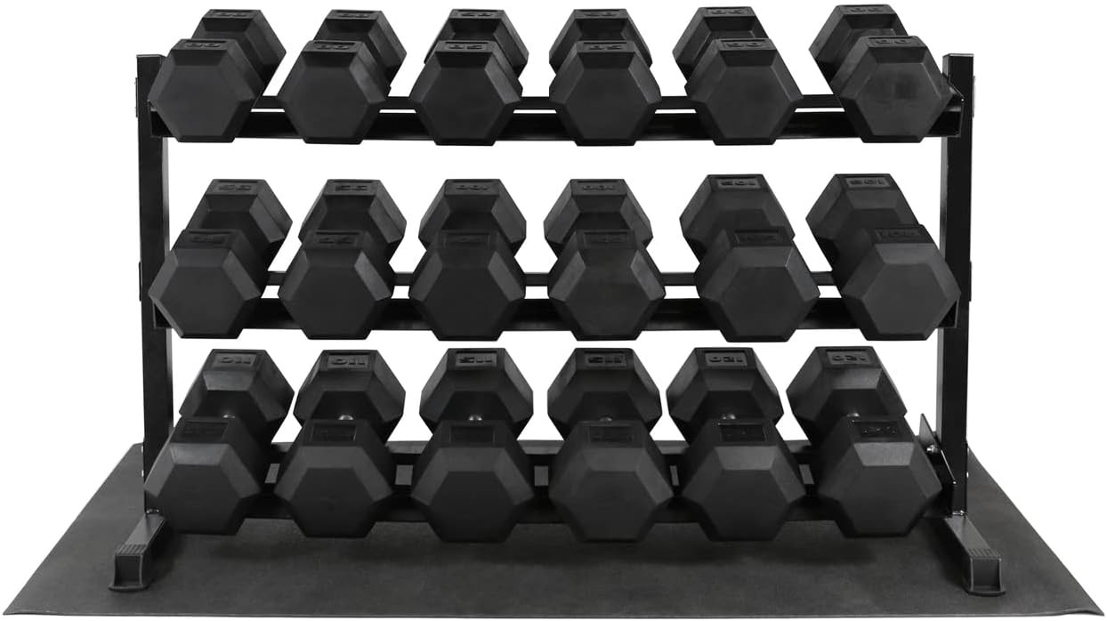 Rubber Coated Hex 5 - 120lb Dumbbell Set with Rack and Mat