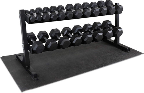 Rubber Hex Dumbbell Set with 2-Tier Rack and Mat, 5 - 50LB